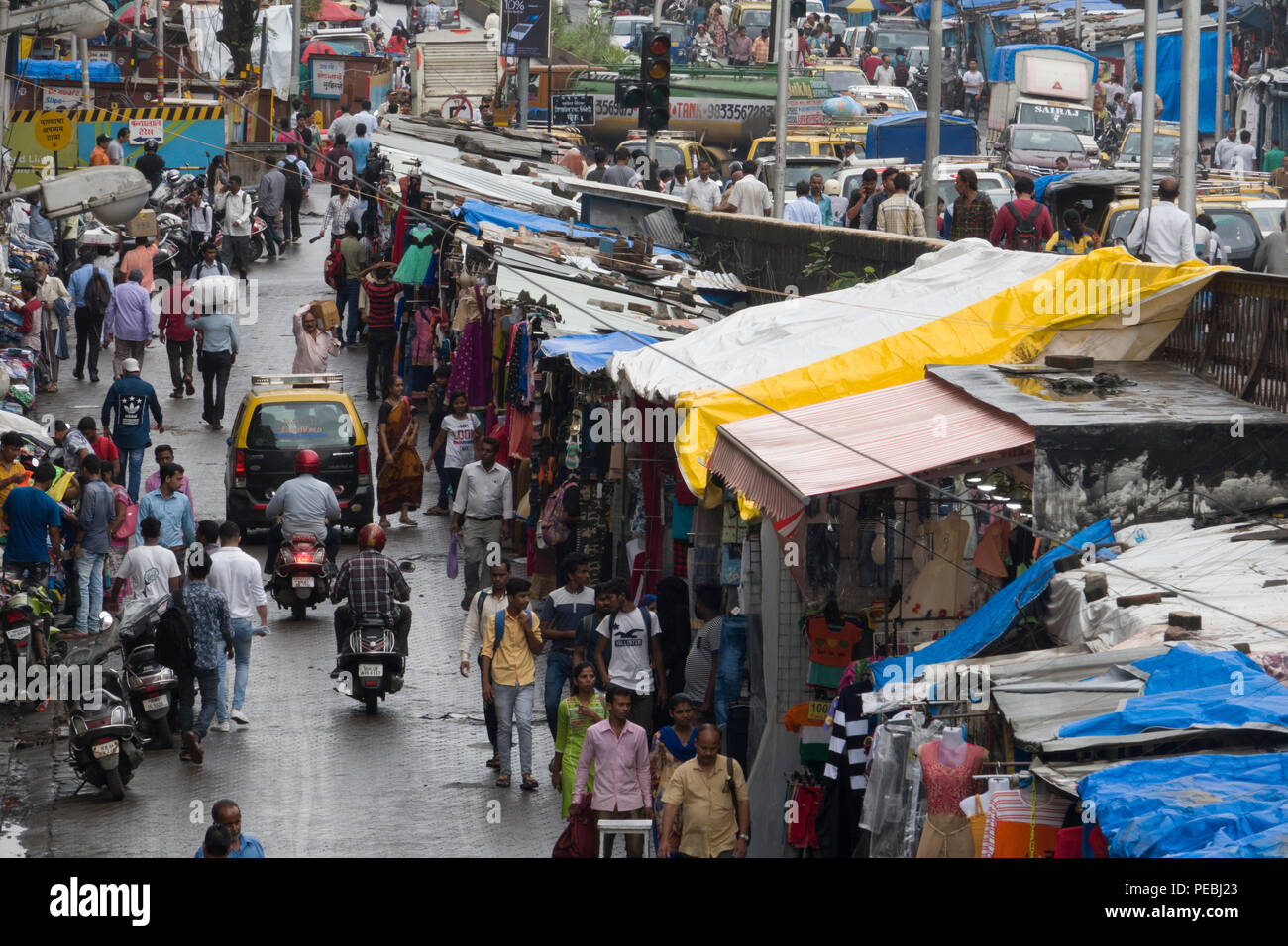 Grant road and Frere bridge traffic and market scene, Mumbai, India ...