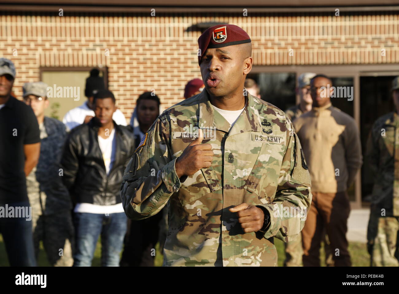 U.S. Army 1st Sgt. Endesha Johnson, assigned to 55th Signal Company (Combat Camera), gives a ...