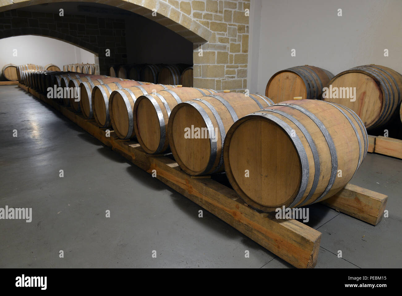 Casks in wine cellar and bottle Stock Photo - Alamy