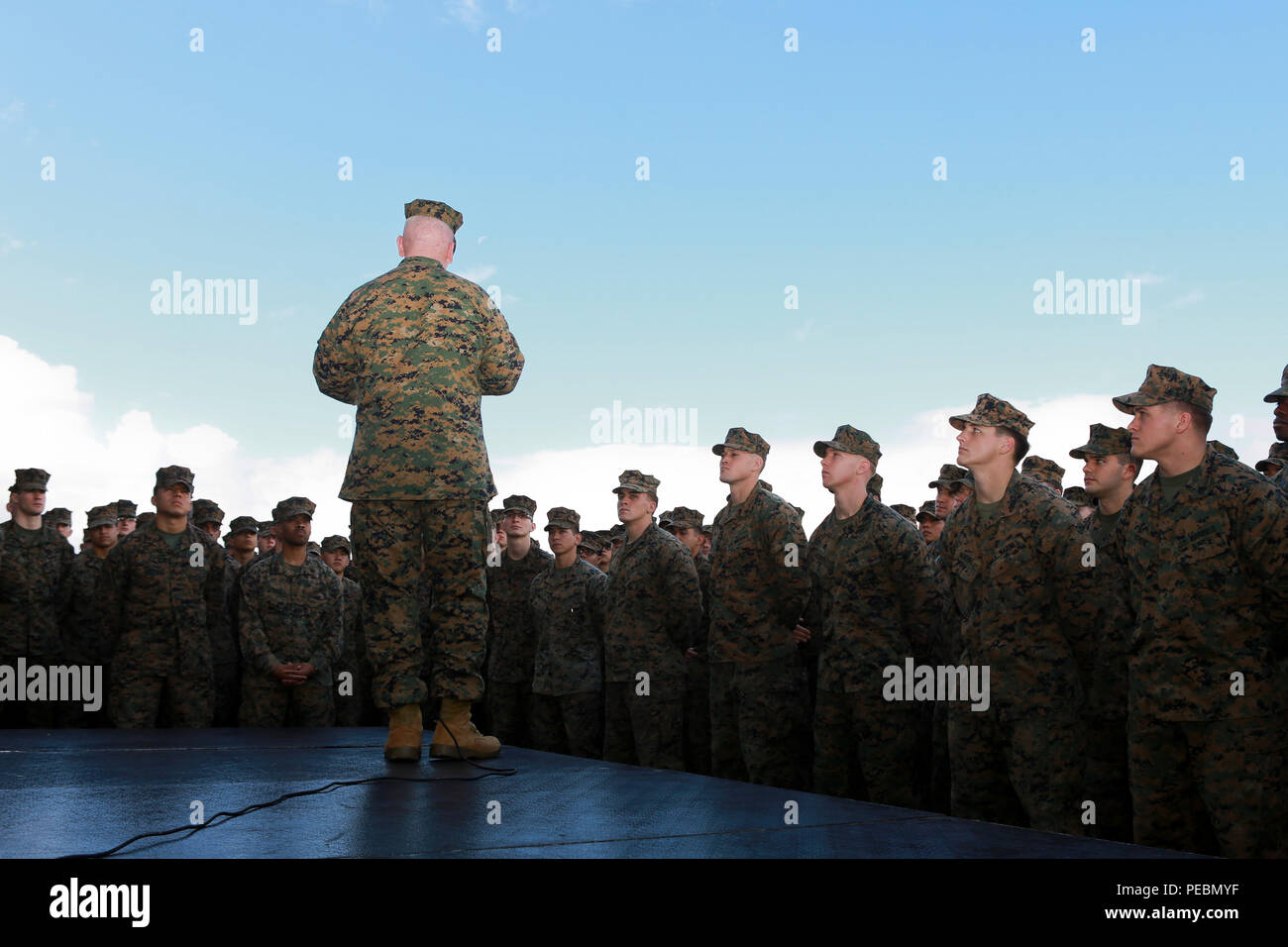 U.S. Marine Corps Forces, Pacific Commander Lt. Gen. John A. Toolan speaks to Marines with the ...