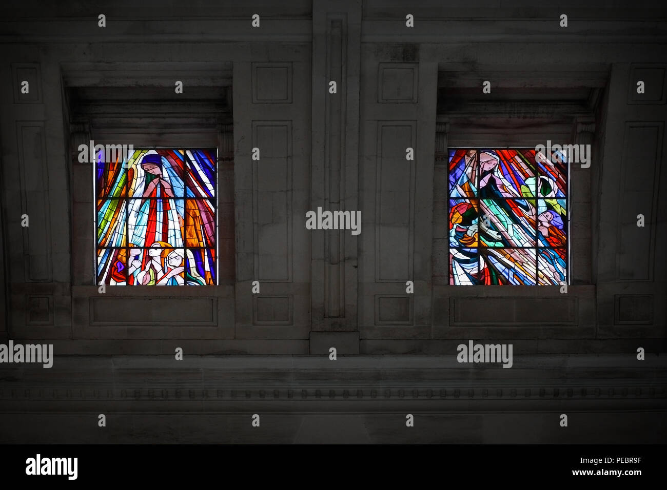 Two of the stained glass windows of the old basilica of Fatima Stock ...
