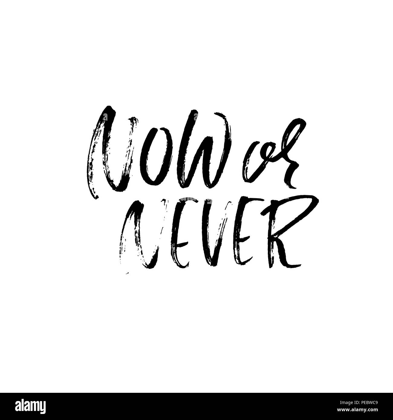 Now or never. Hand drawn dry brush lettering. Ink illustration. Modern ...