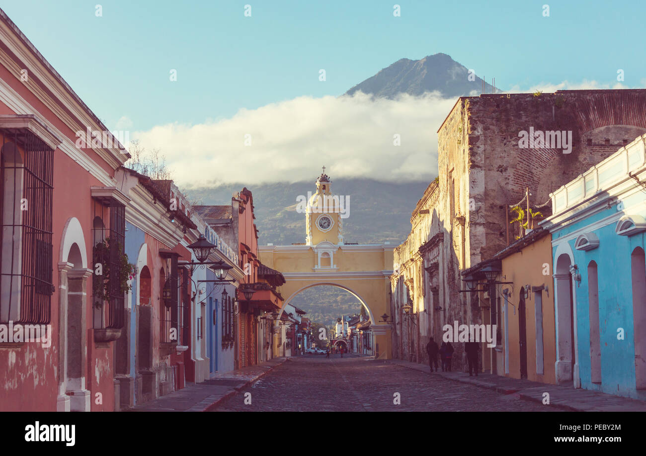 Colonial architecture in ancient Antigua Guatemala city, Central ...