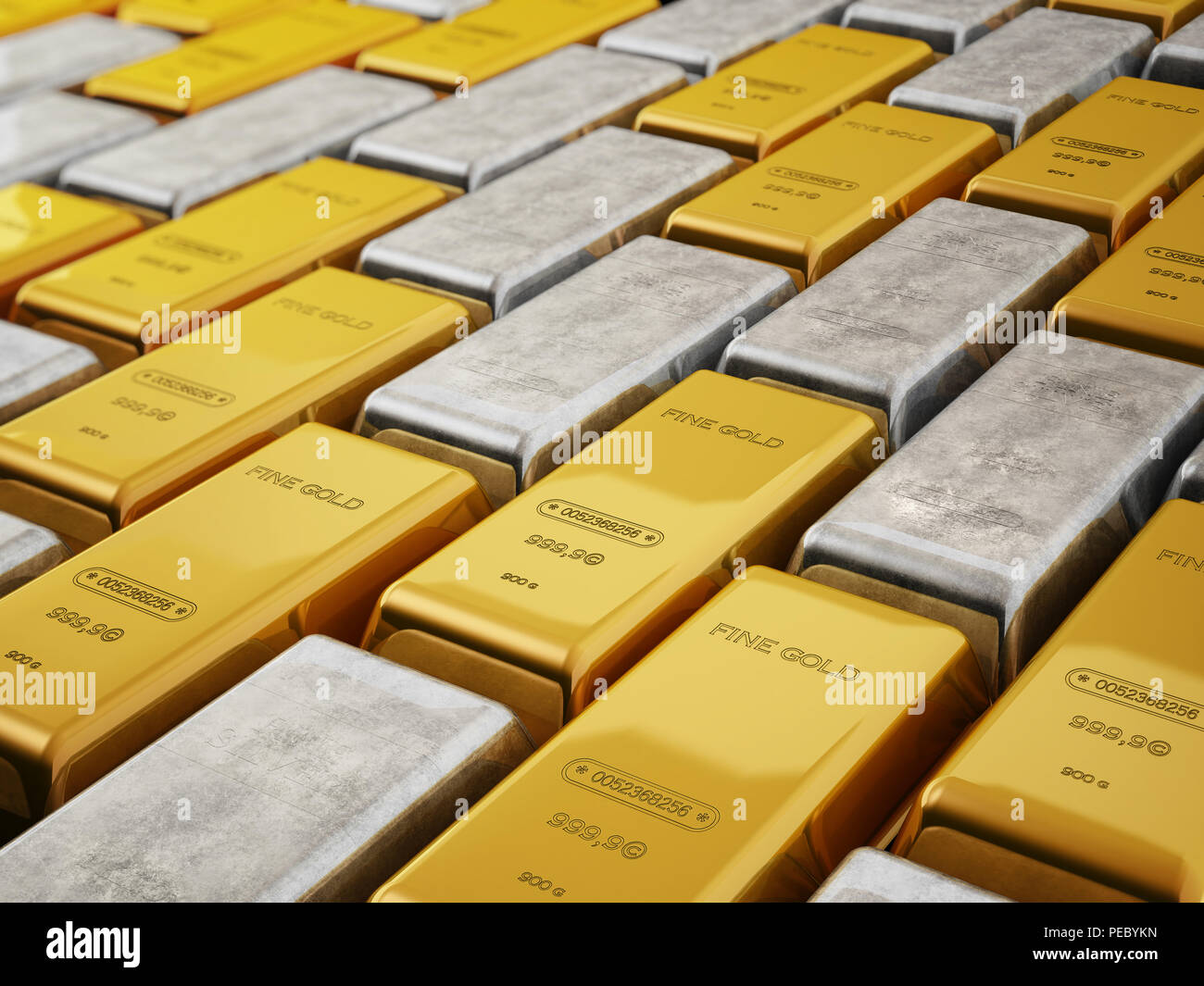 Gold and silver ingots isolated on white background. 3D illustration ...