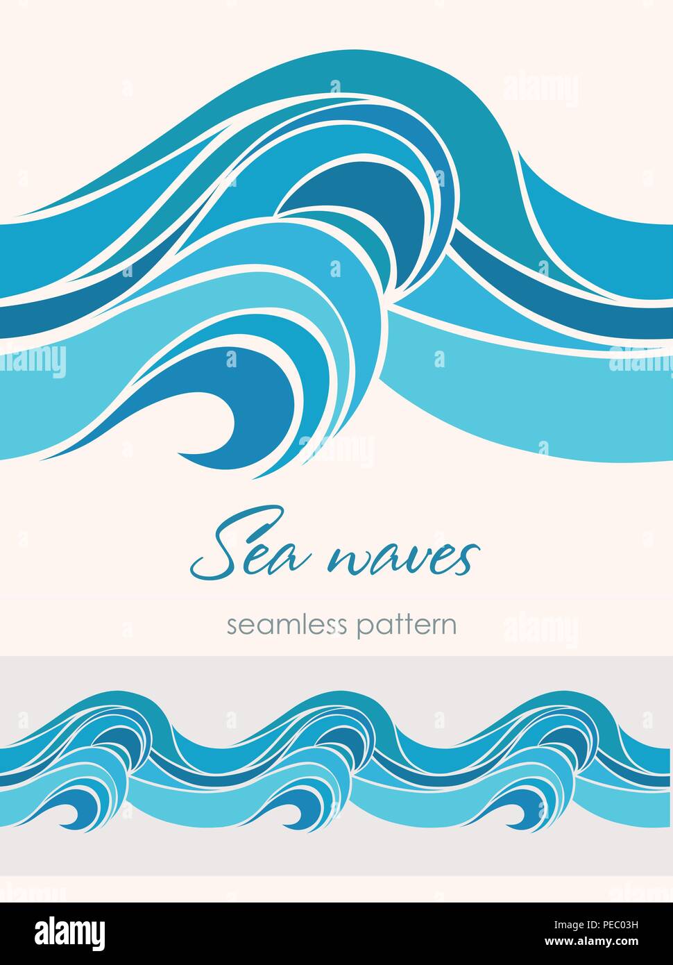 Marine seamless pattern with stylized waves on a light background. Blue ...