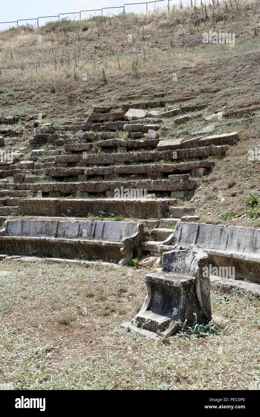 View of one of the two orchestra thrones of the Ancient Greek theatre ...