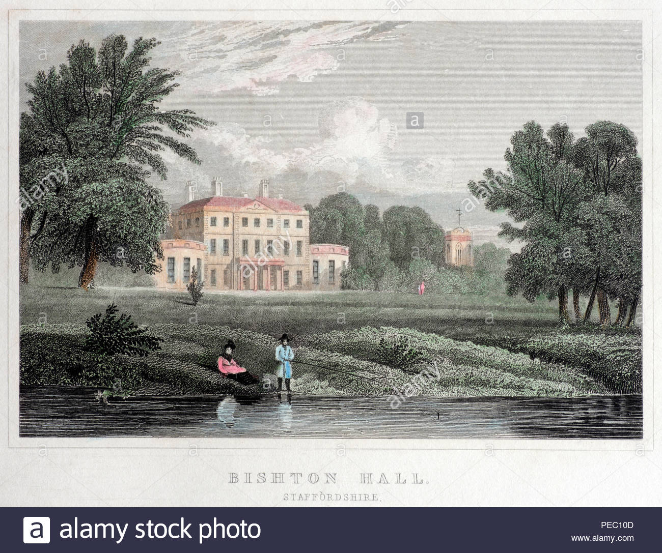 Bishton Hall Staffordshire, antique engraving from c1820 Stock Photo ...