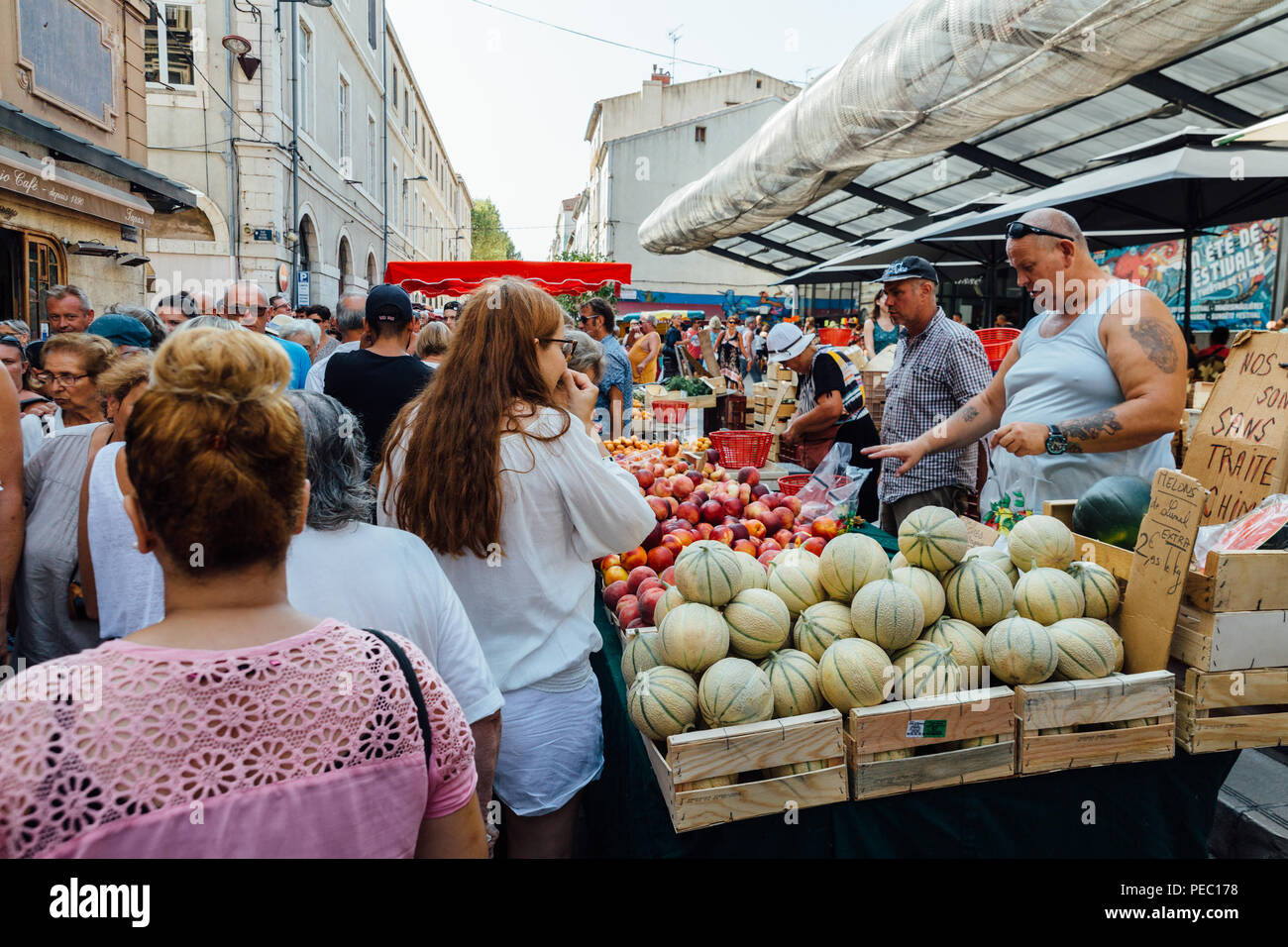 Sete, France - August 8, 2018: A crowded street market in the old town ...
