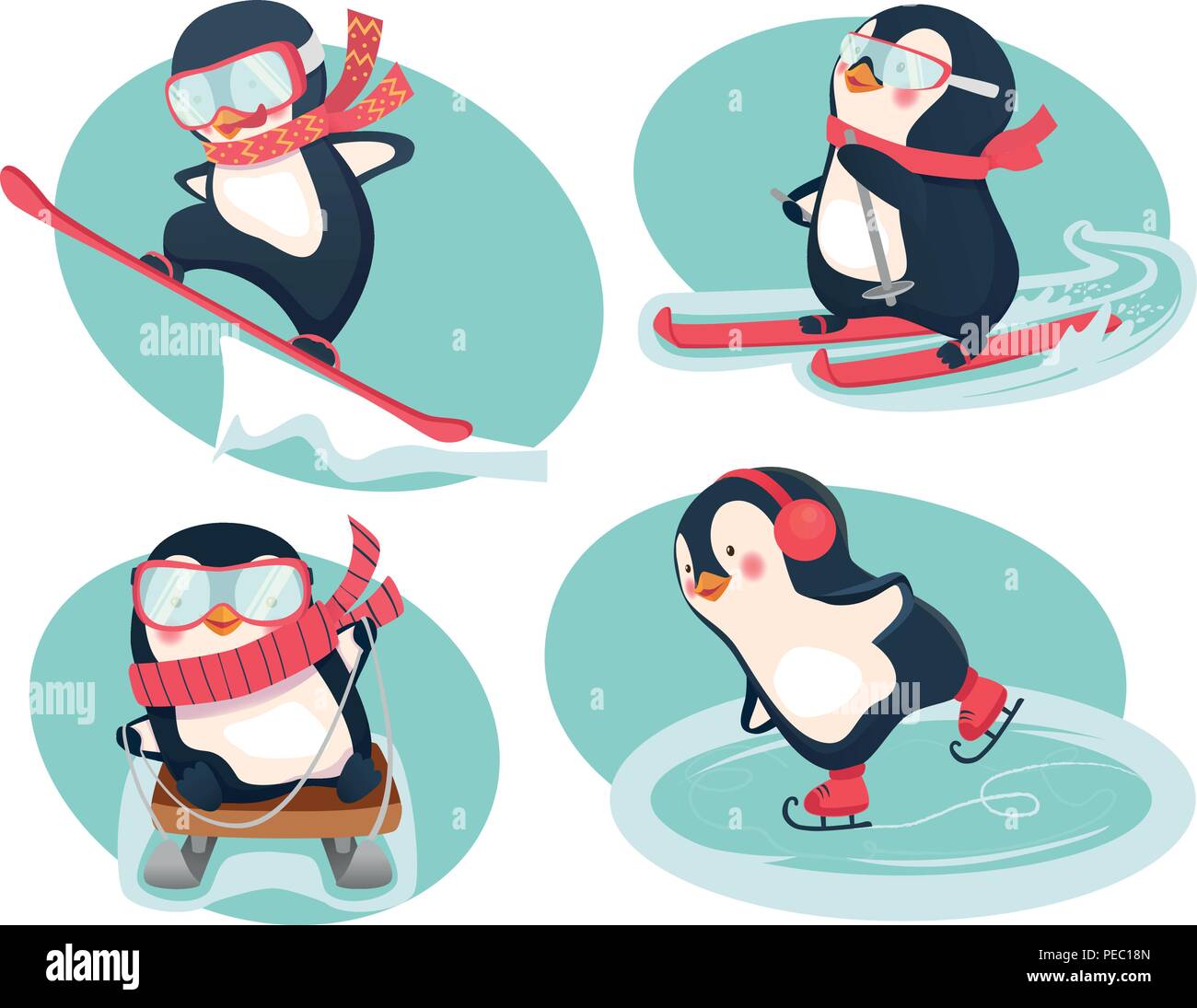 Winter activities cartoon set. Active penguins in winter vector ...