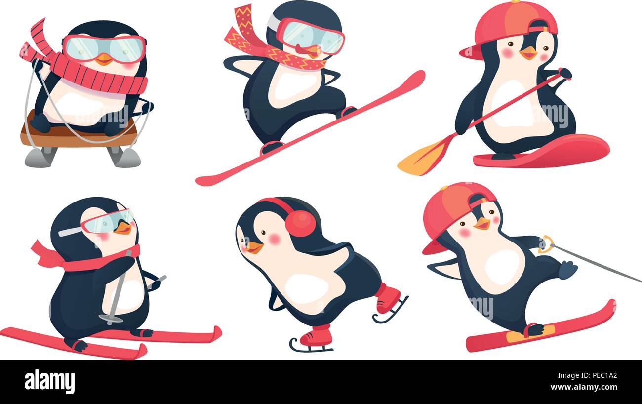 Active penguins in winter and summer vector illustration set Stock ...
