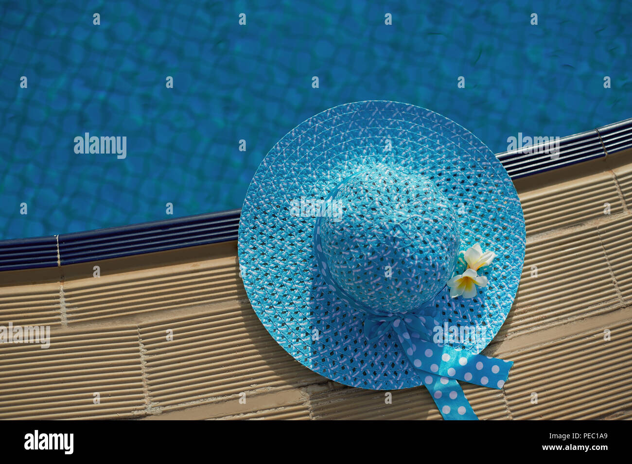 Beach hat next to the pool, top view with space for your text Stock ...