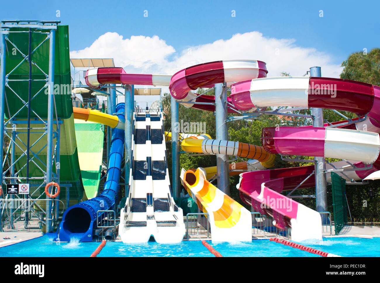Water park with water slides at the open air Stock Photo - Alamy