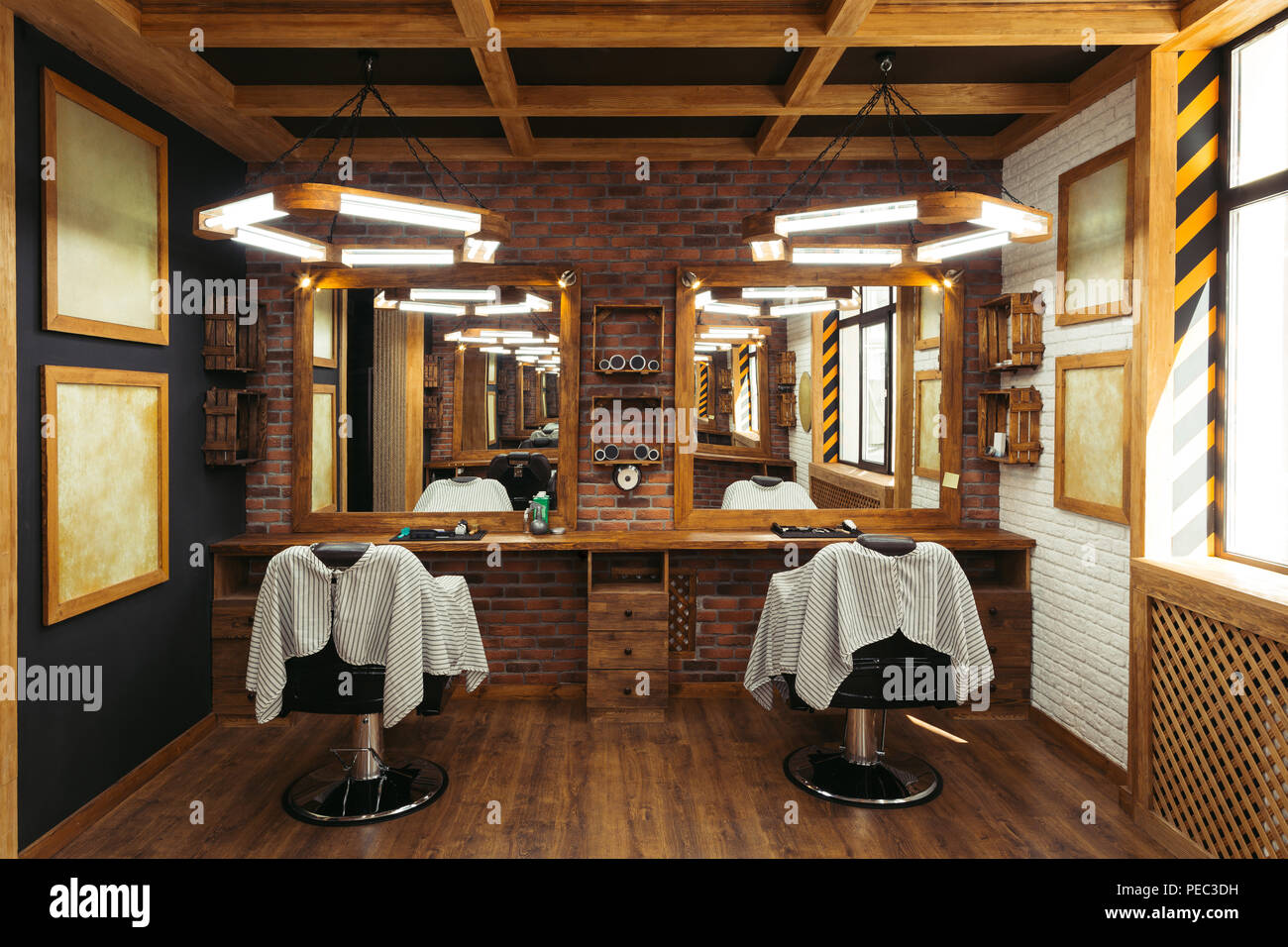 modern empty barbershop interior with chairs, mirrors and lamps Stock ...