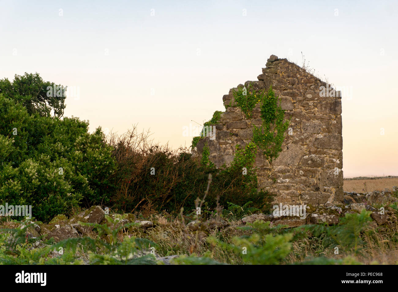 Ruins of a farm building alongside a public footpath near Madron ...