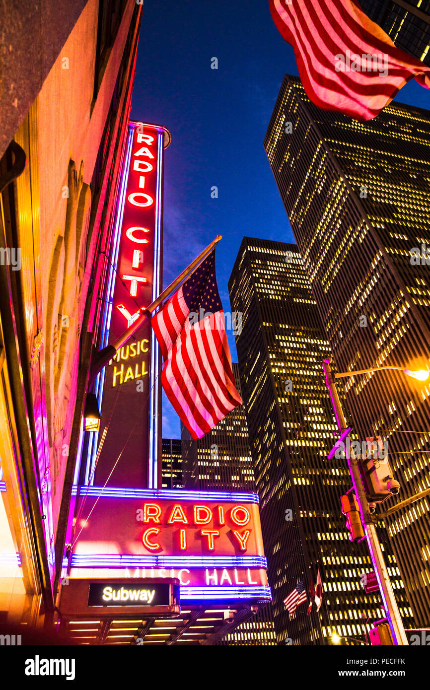 NEW YORK CITY - SEPTEMBER 28, 2018: Bright lights of the Radio City ...