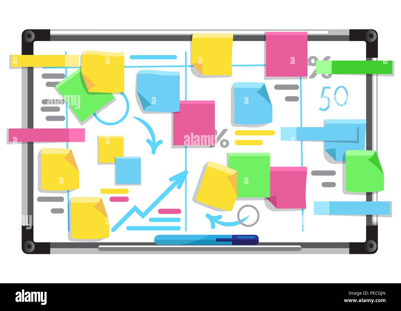 Whiteboard with vivid stickers and arrow charts showing organized ...