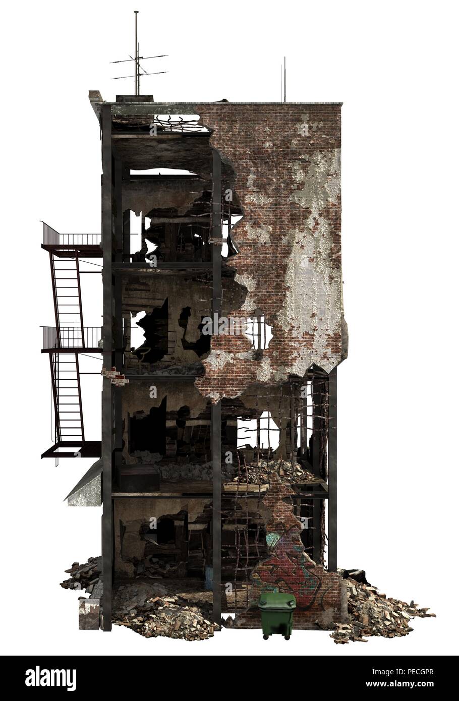 3D illustration ruined building isolated on white Stock Photo - Alamy