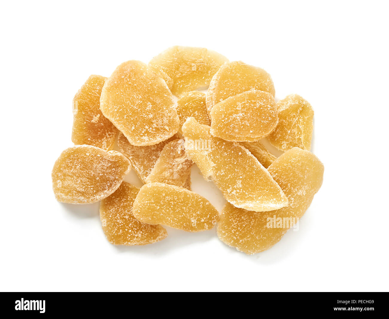 Dried sweet ginger with sugar isolated on a white background. Top view ...