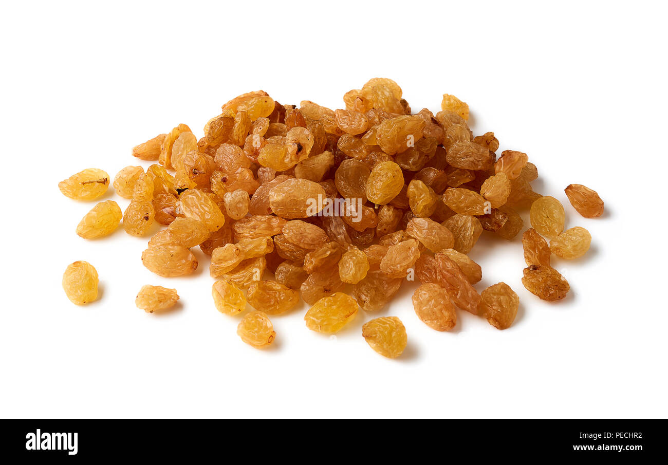 Heap of yellow raisins isolated on white background Stock Photo - Alamy