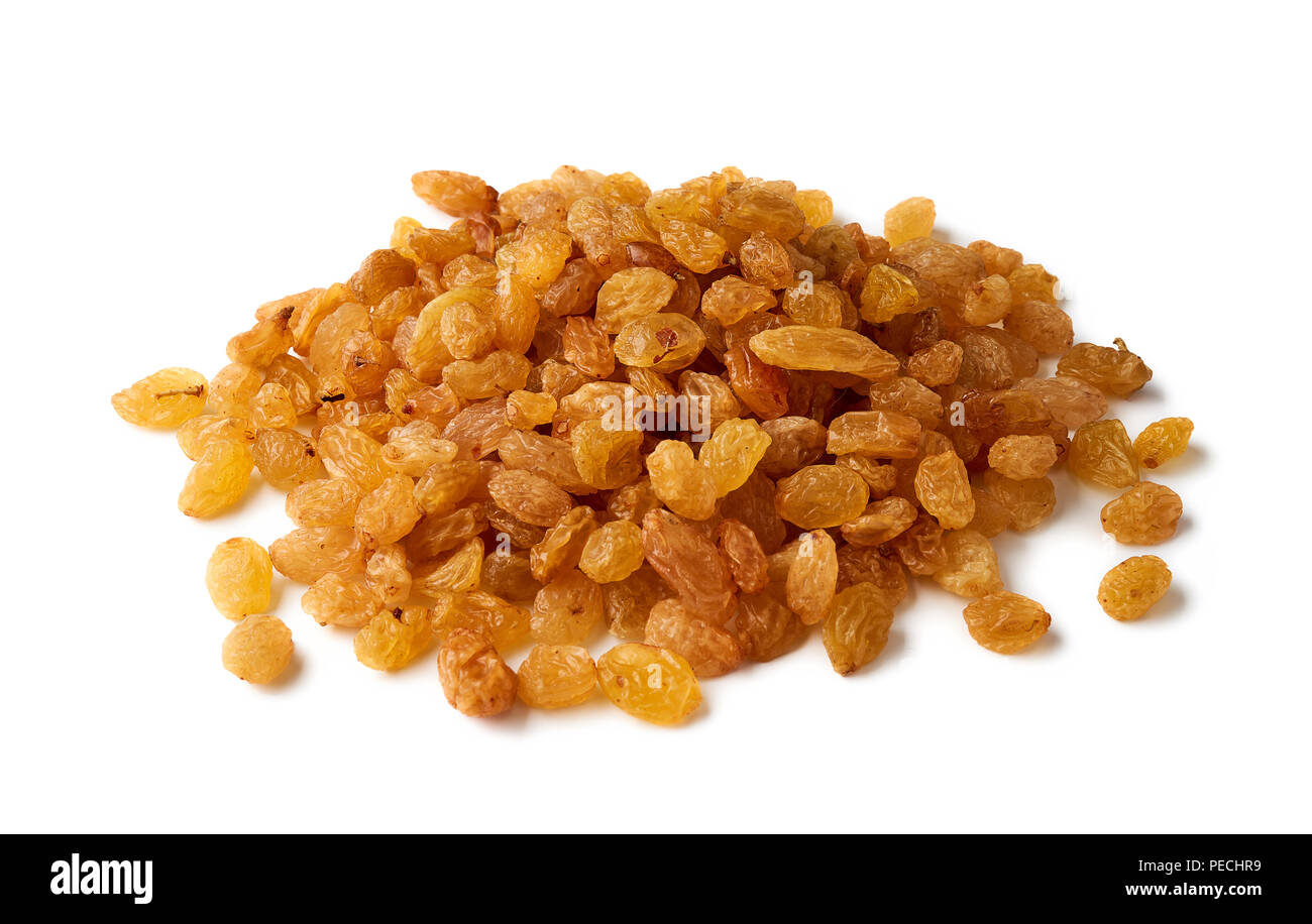 Heap of yellow raisins isolated on white background Stock Photo - Alamy