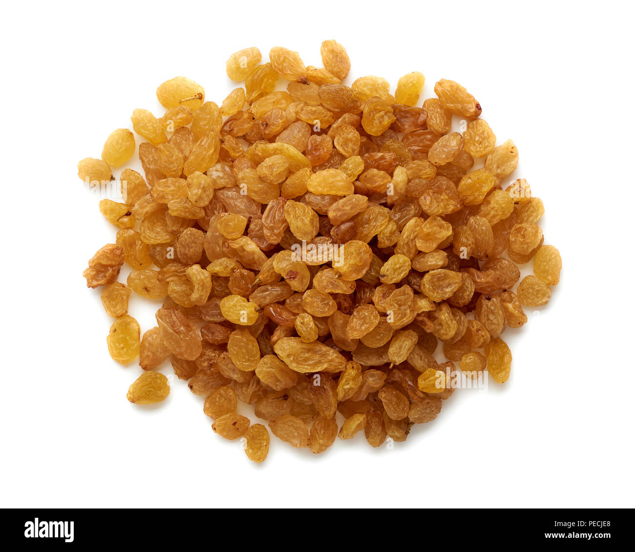 Heap of yellow raisins isolated on white background. Top view Stock ...