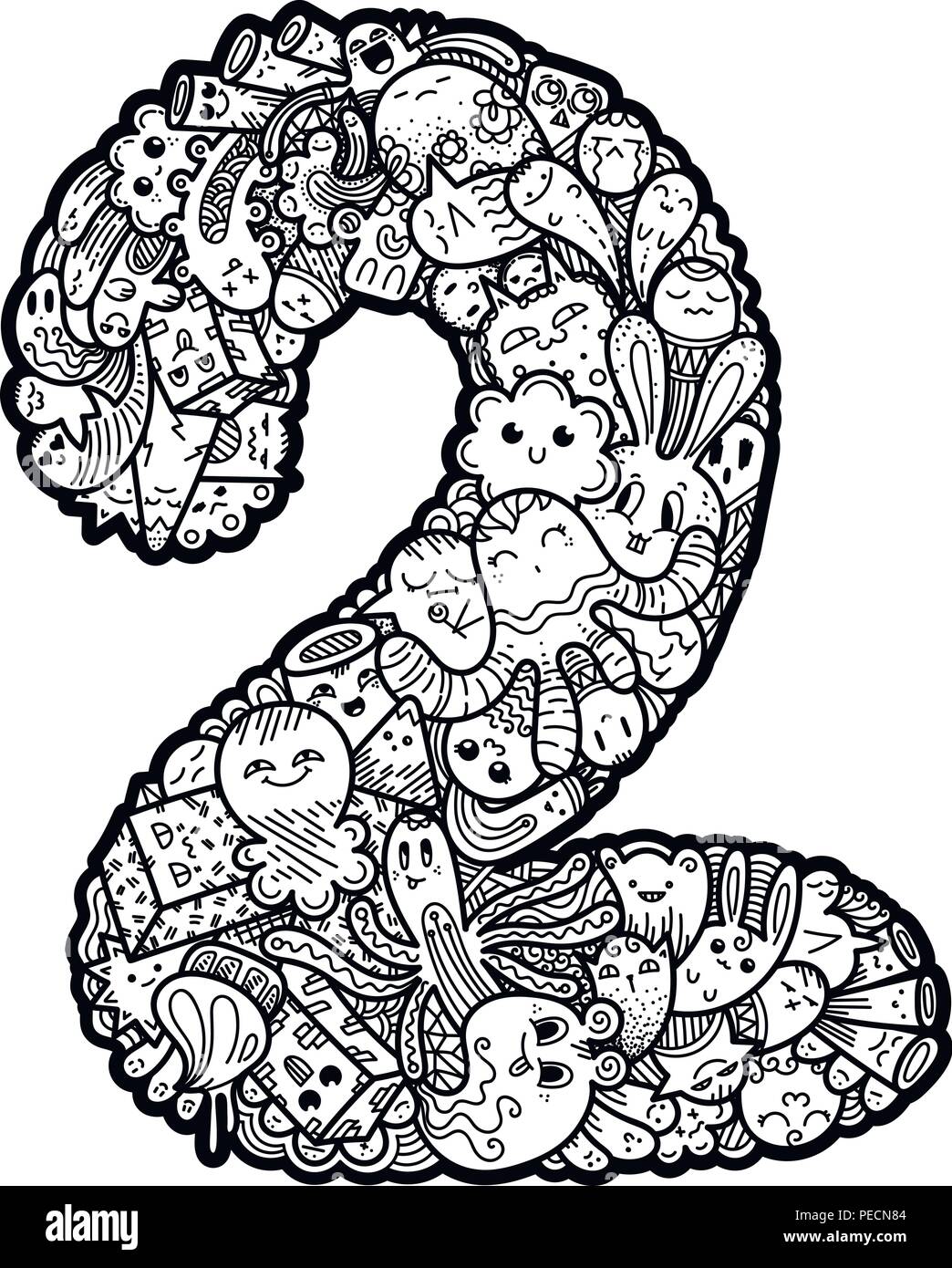 Number Two. Hand drawn doodled kids numbers. Cute monstred numbers ...