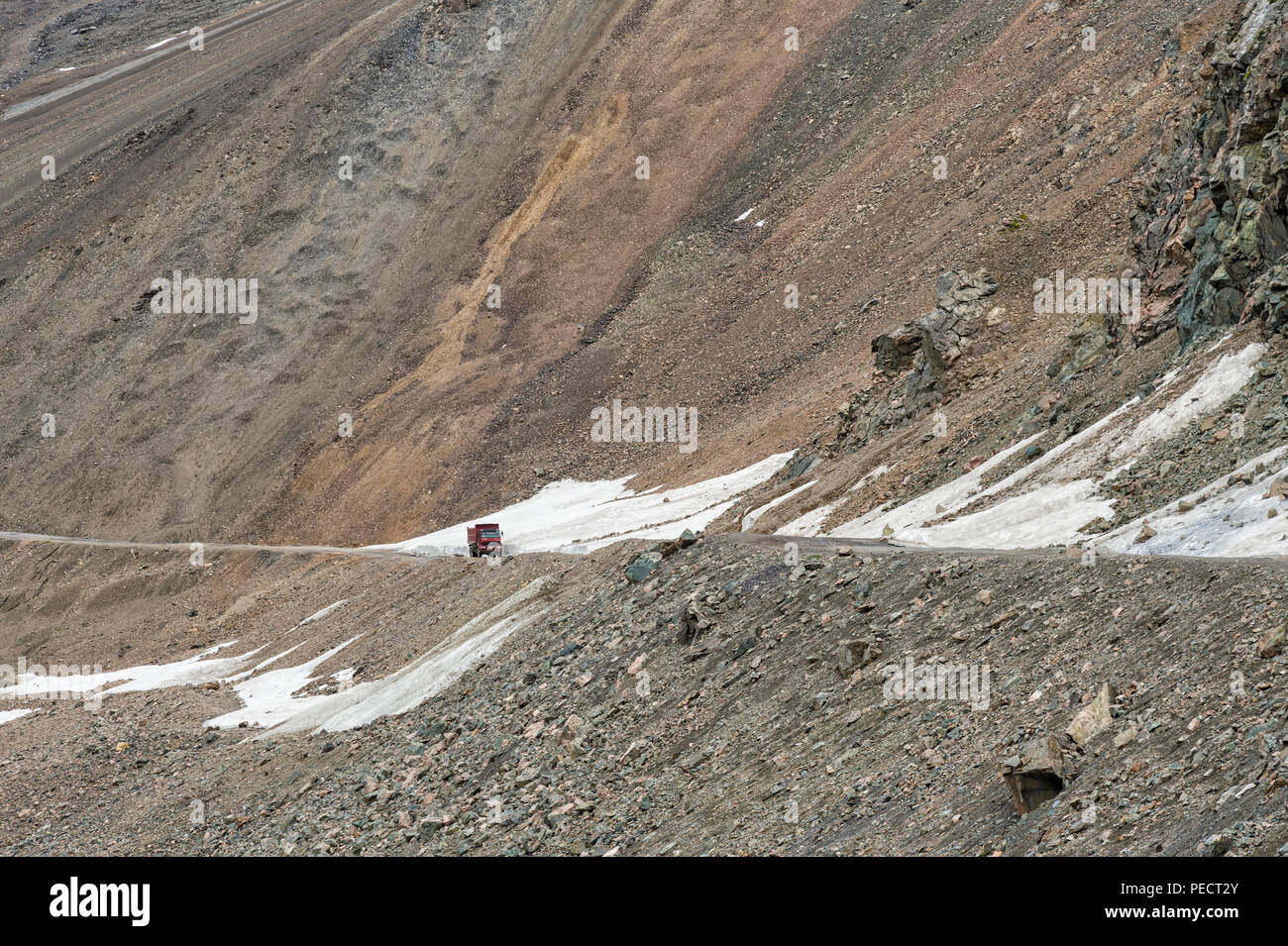 Truck passing Chong Ashuu pass at 3800 meters above sea level, Issyk ...