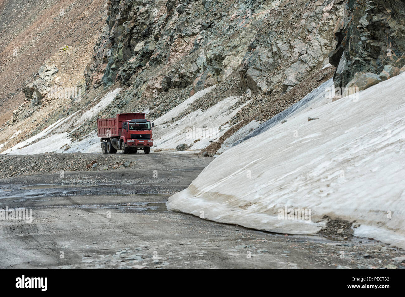 Truck passing Chong Ashuu pass at 3800 meters above sea level, Issyk ...