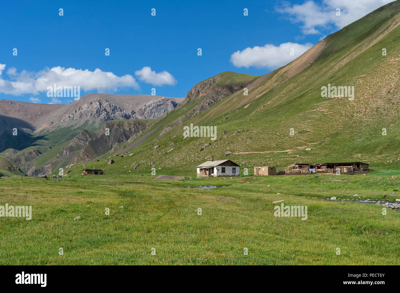 Small Settlement along a mountain river, Sary Jaz valley, Issyk Kul ...