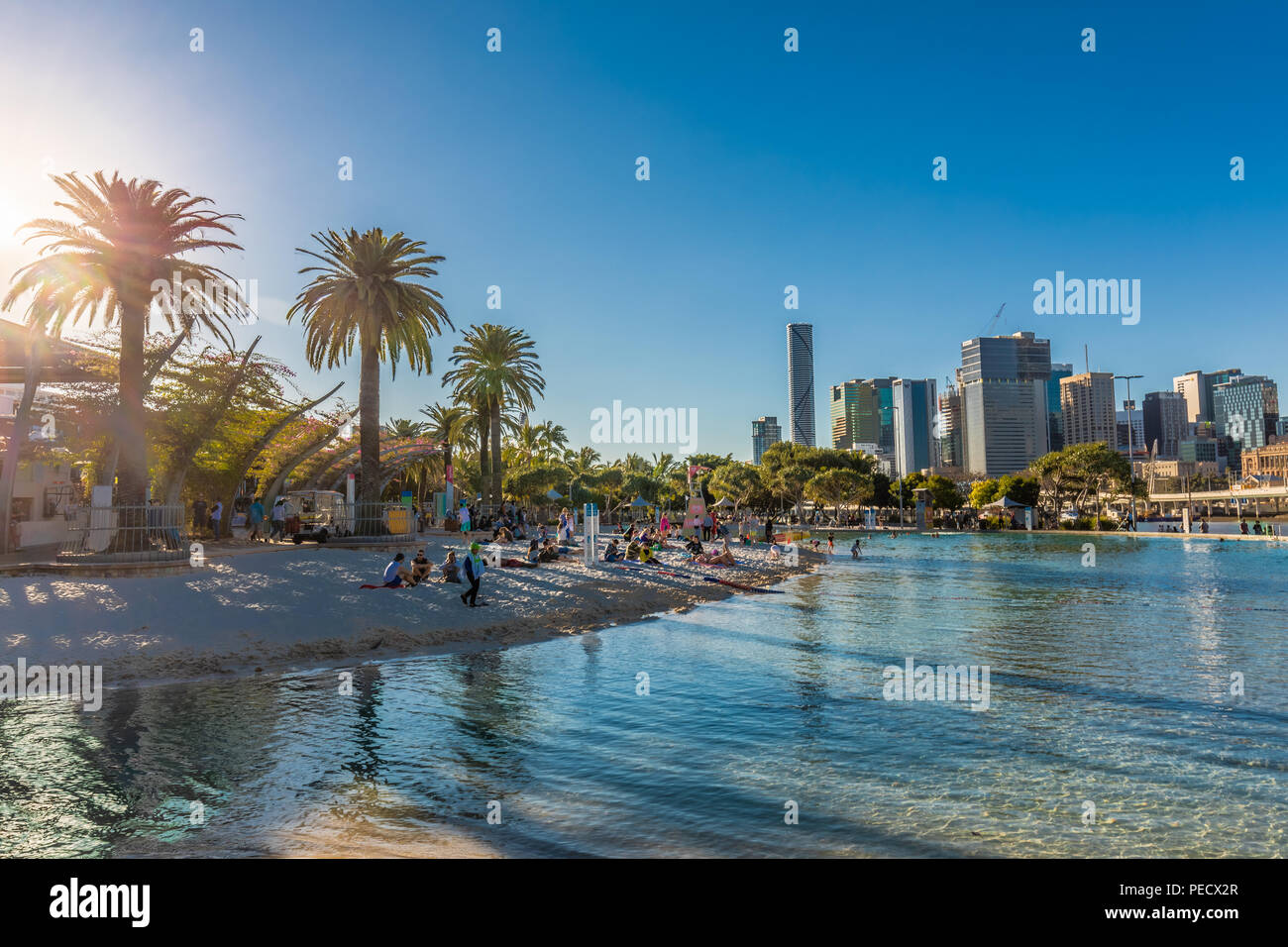 BRISBANE, AUS - AUG 12 2018: Streets Beach in South Bank Parkland. It's ...