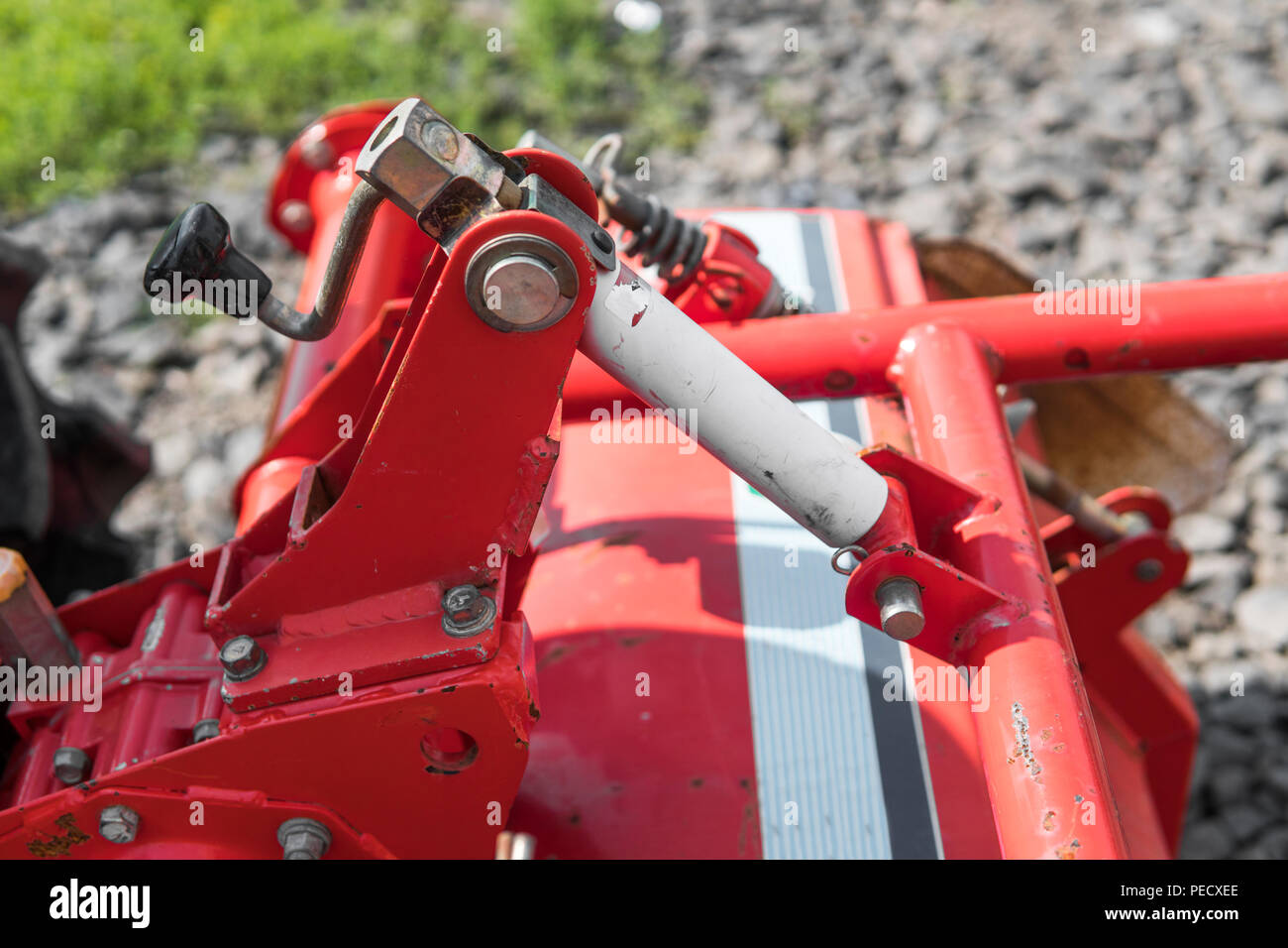 Details of connection between red tractor and a trailer Stock Photo - Alamy
