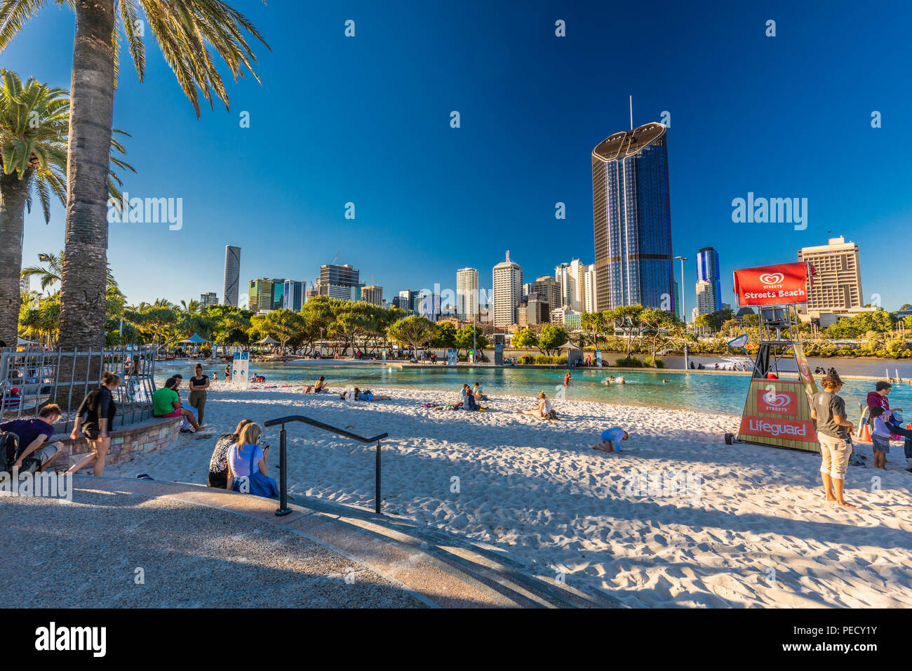 BRISBANE, AUS - AUG 12 2018: Streets Beach in South Bank Parkland. It's ...