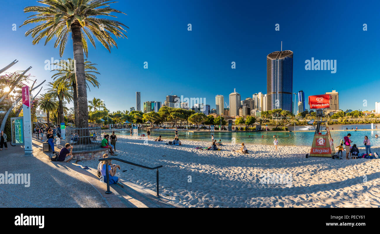 BRISBANE, AUS - AUG 12 2018: Streets Beach in South Bank Parkland. It's ...