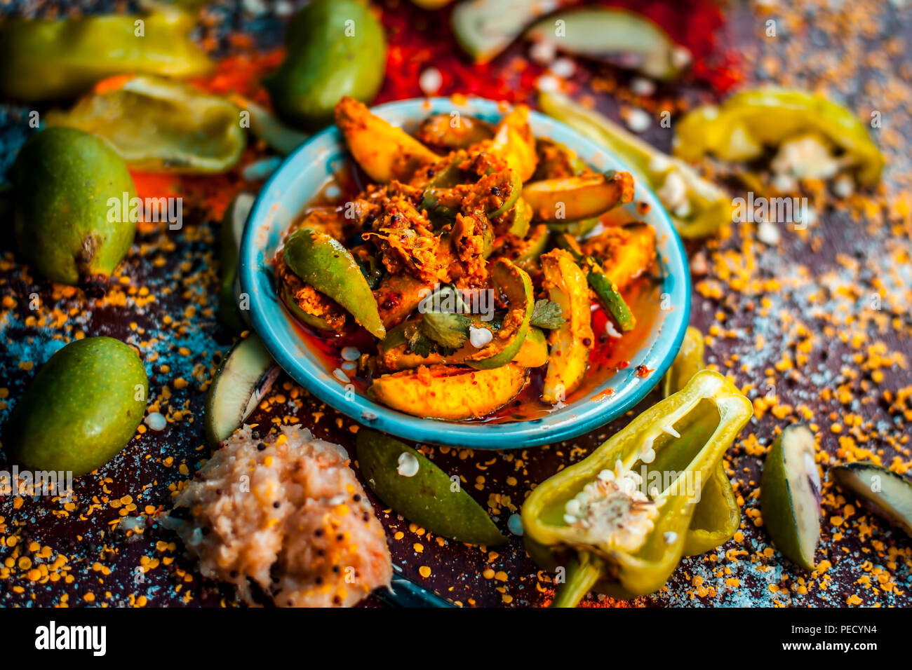 Close up of Aam ka achar or kari ka achar or traditional raw mango ...