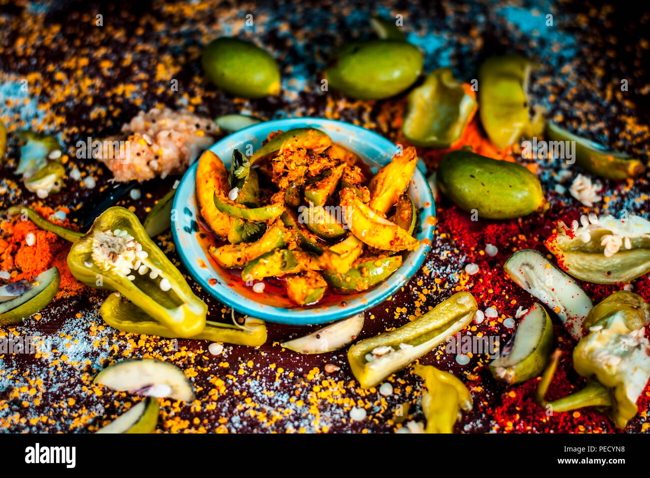Close up of Aam ka achar or kari ka achar or traditional raw mango ...