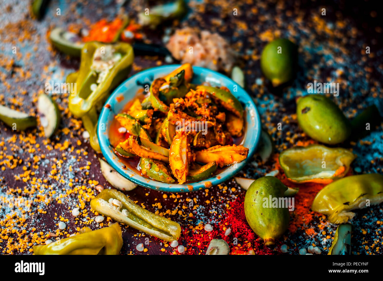 Close up of Aam ka achar or kari ka achar or traditional raw mango ...