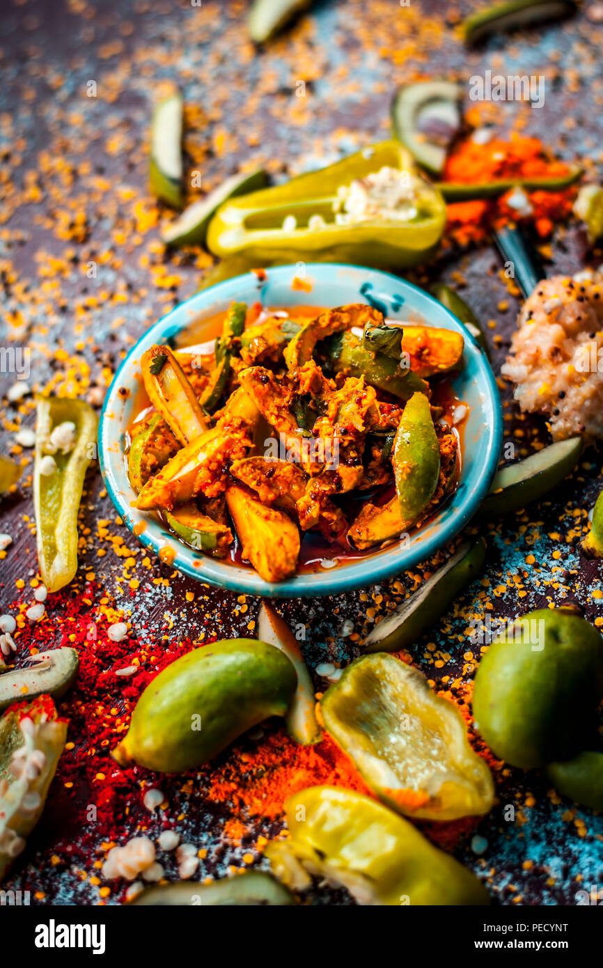 Close up of Aam ka achar or kari ka achar or traditional raw mango ...