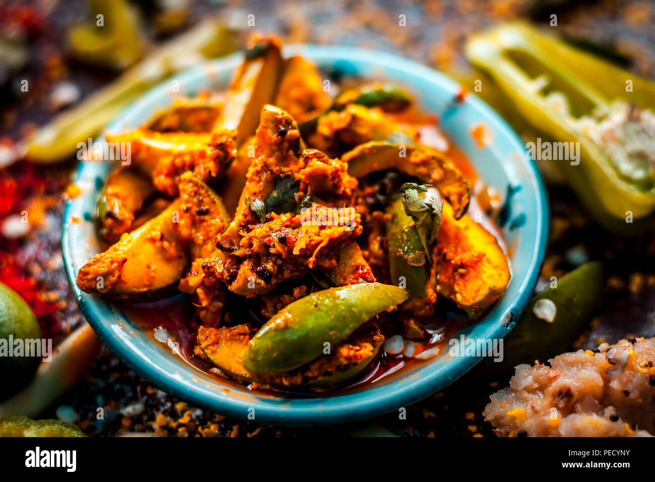 Close up of Aam ka achar or kari ka achar or traditional raw mango ...