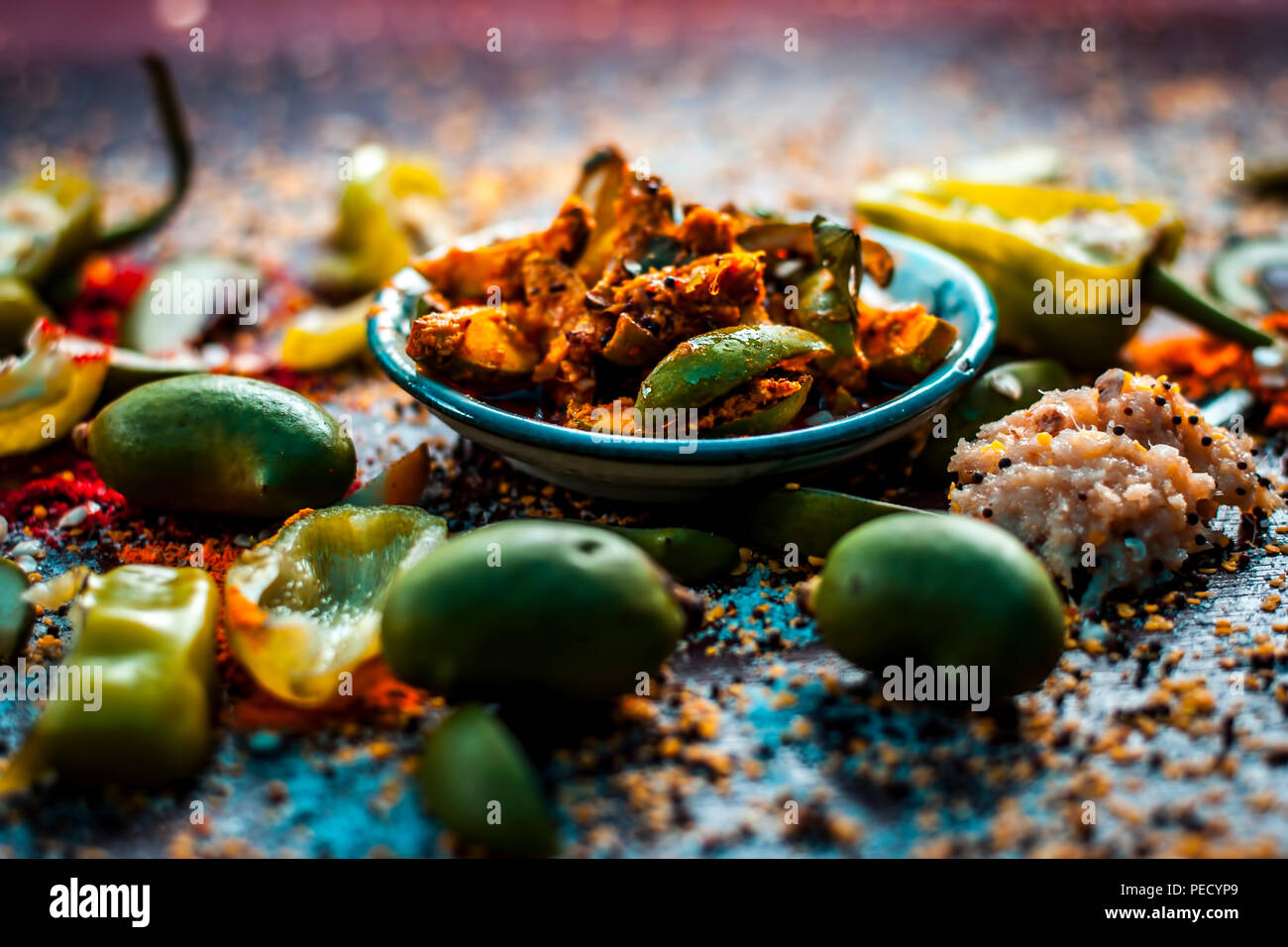 Close up of Aam ka achar or kari ka achar or traditional raw mango ...
