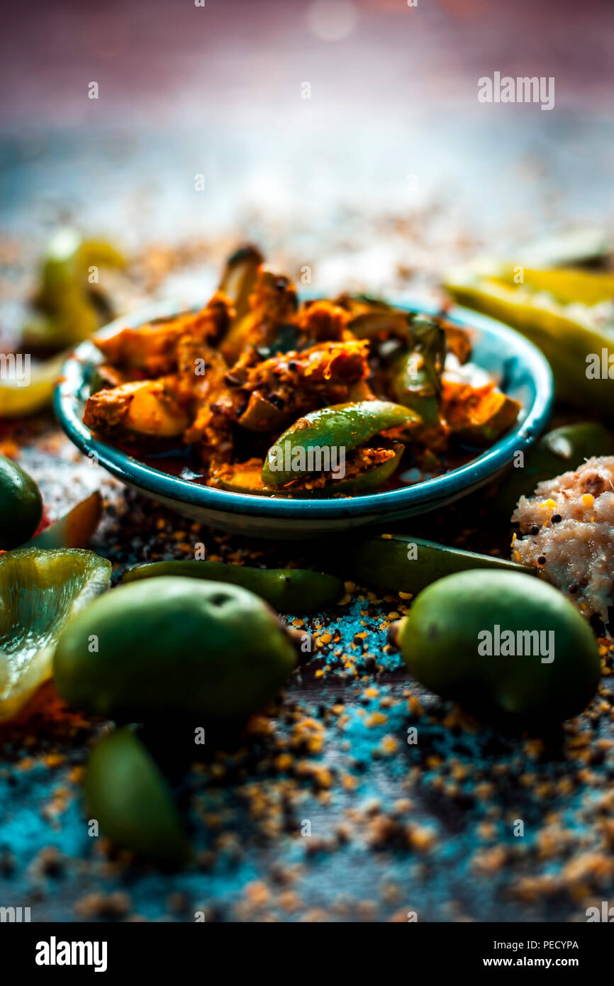 Close up of Aam ka achar or kari ka achar or traditional raw mango ...