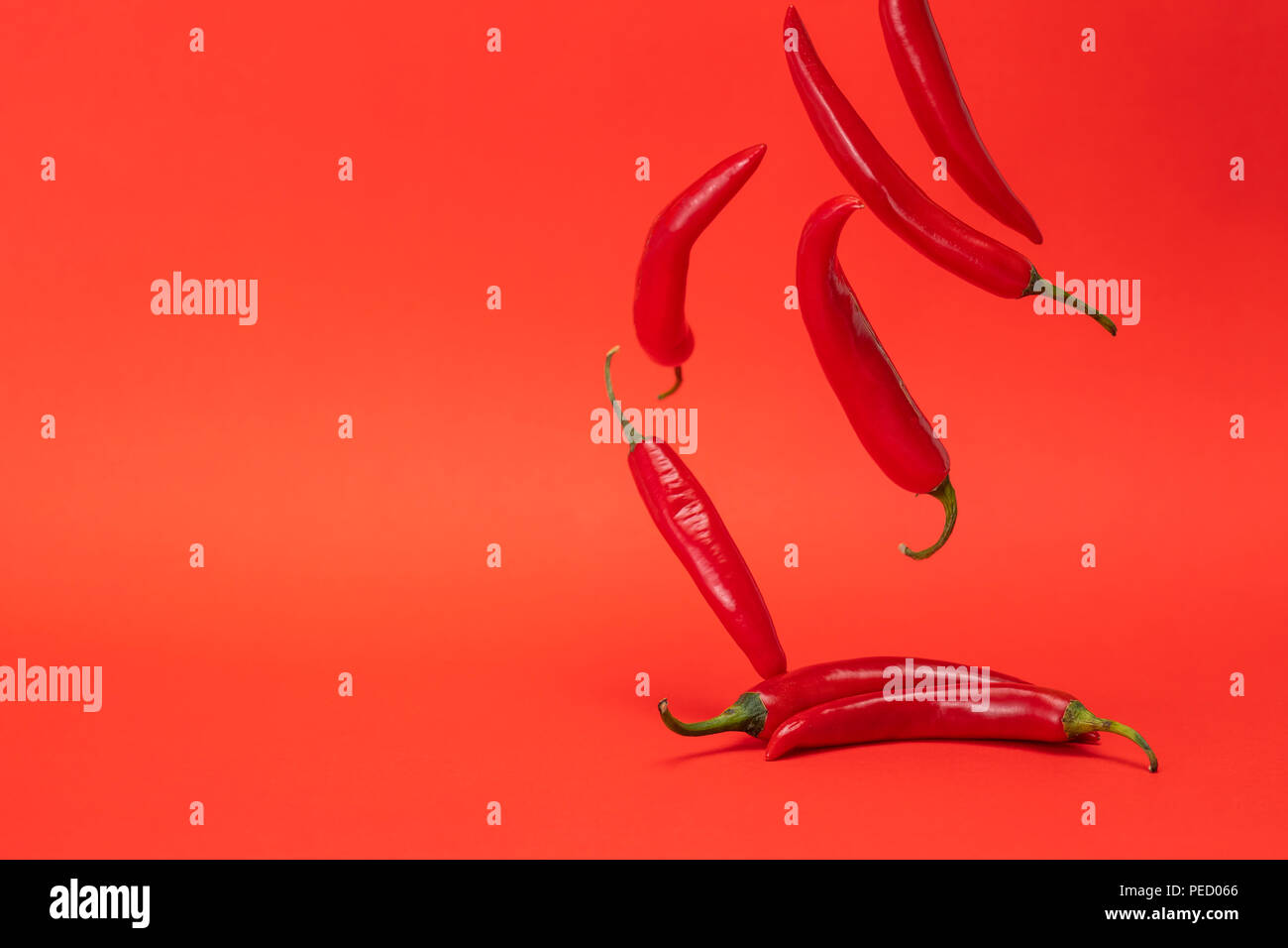 Image of red narrow long spicy chili peppers falling down on the red ...