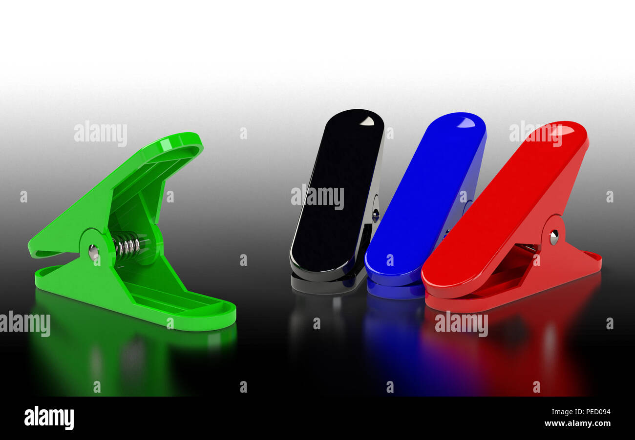 Several clippers of different colours placed on the grey background. 3D ...