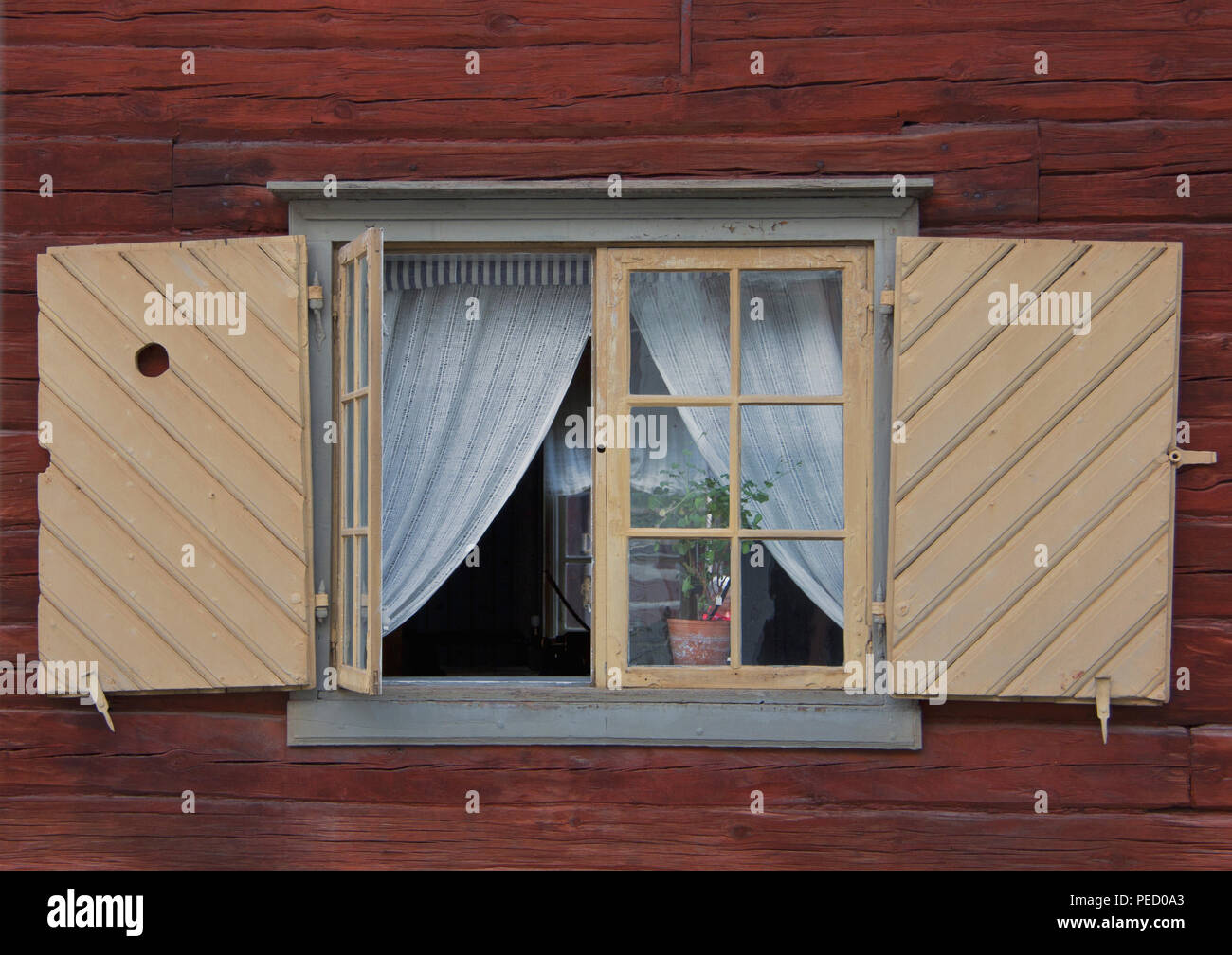 Open window in a wooden house in open-air museum Skansen, Stockholm ...