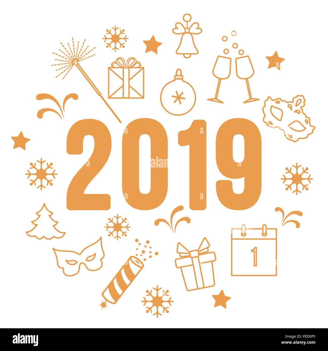 New Year symbols. Gifts, firecrackers, fireworks, bead, glasses with ...