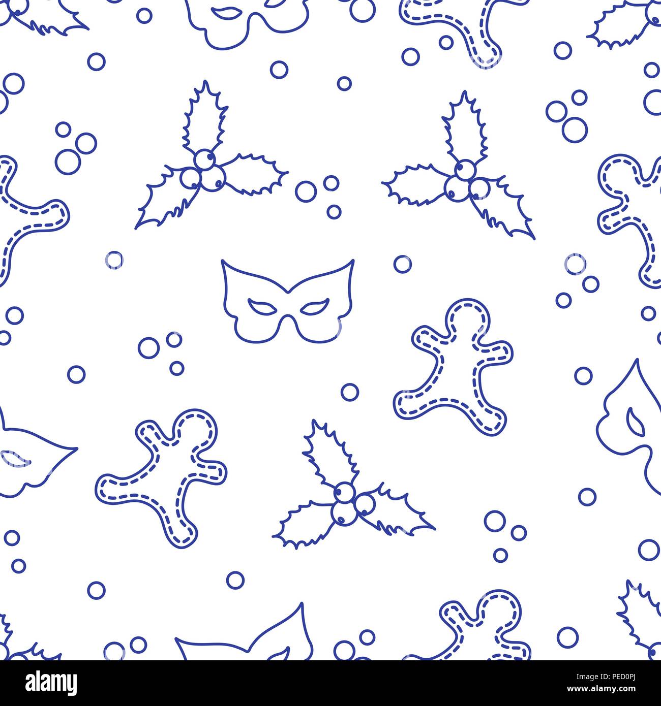 Seamless pattern with gingerbread man, mistletoe, mask. Christmas and ...