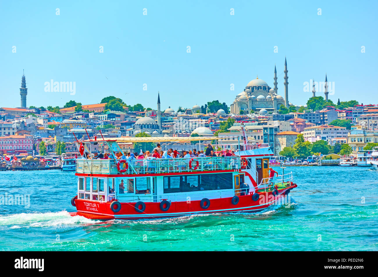 Istanbul, Turkey - July 17, 2018: Pleasure boat in the Golden Horn ...