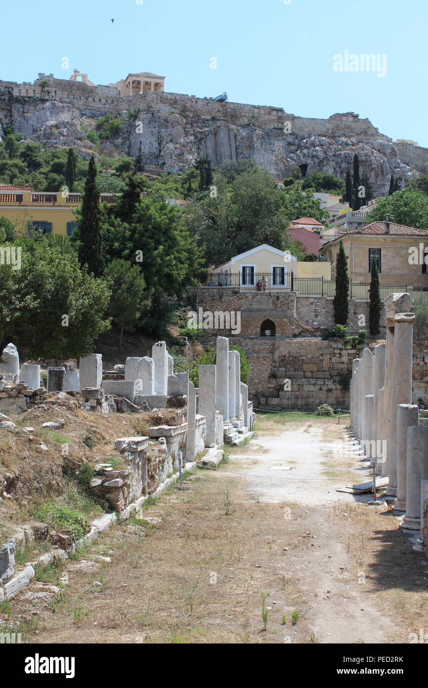 Ancient bath house columns below the Acropolis in Athens Greece Stock ...