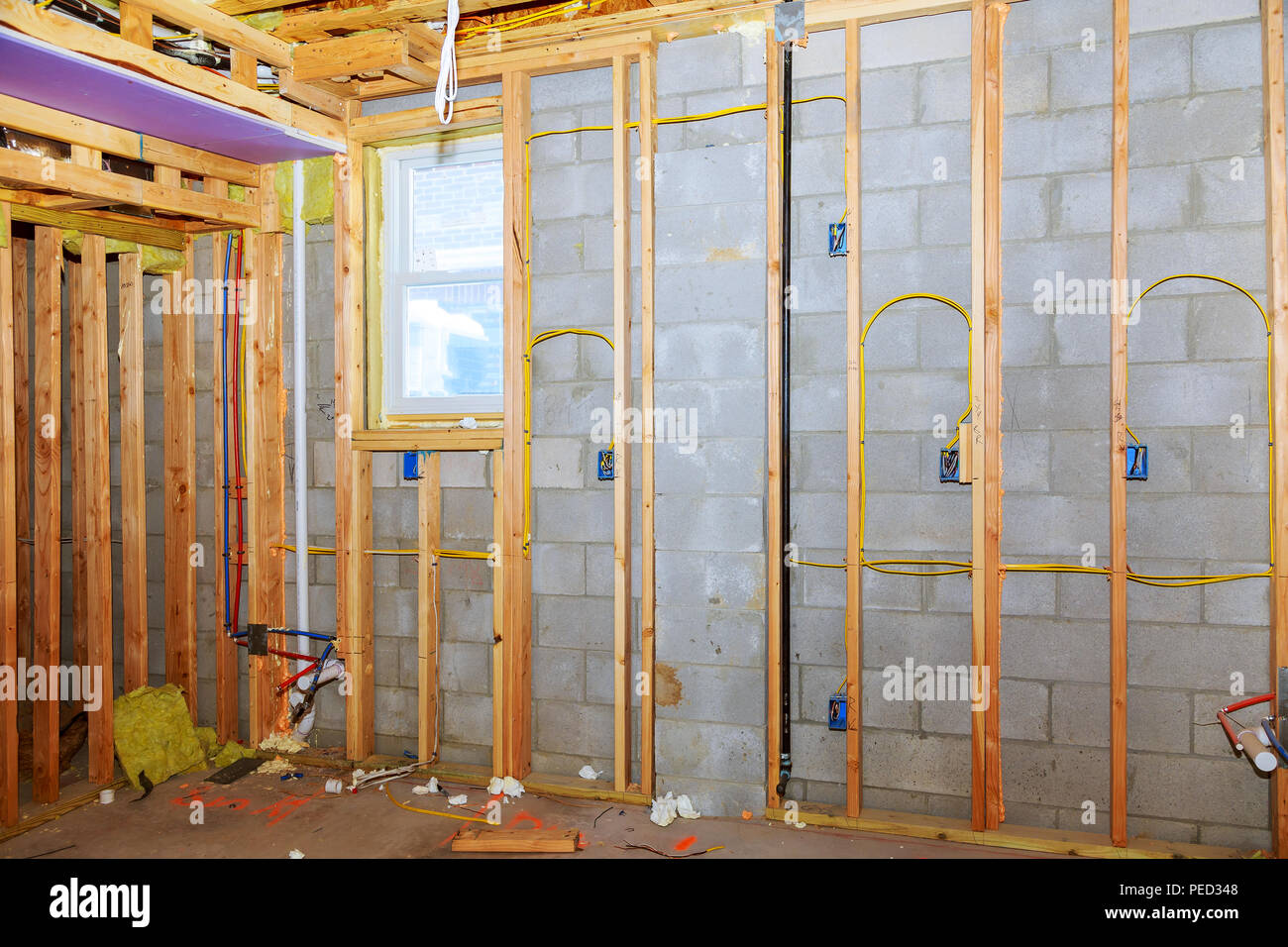 New residential construction home framing with basement view ...