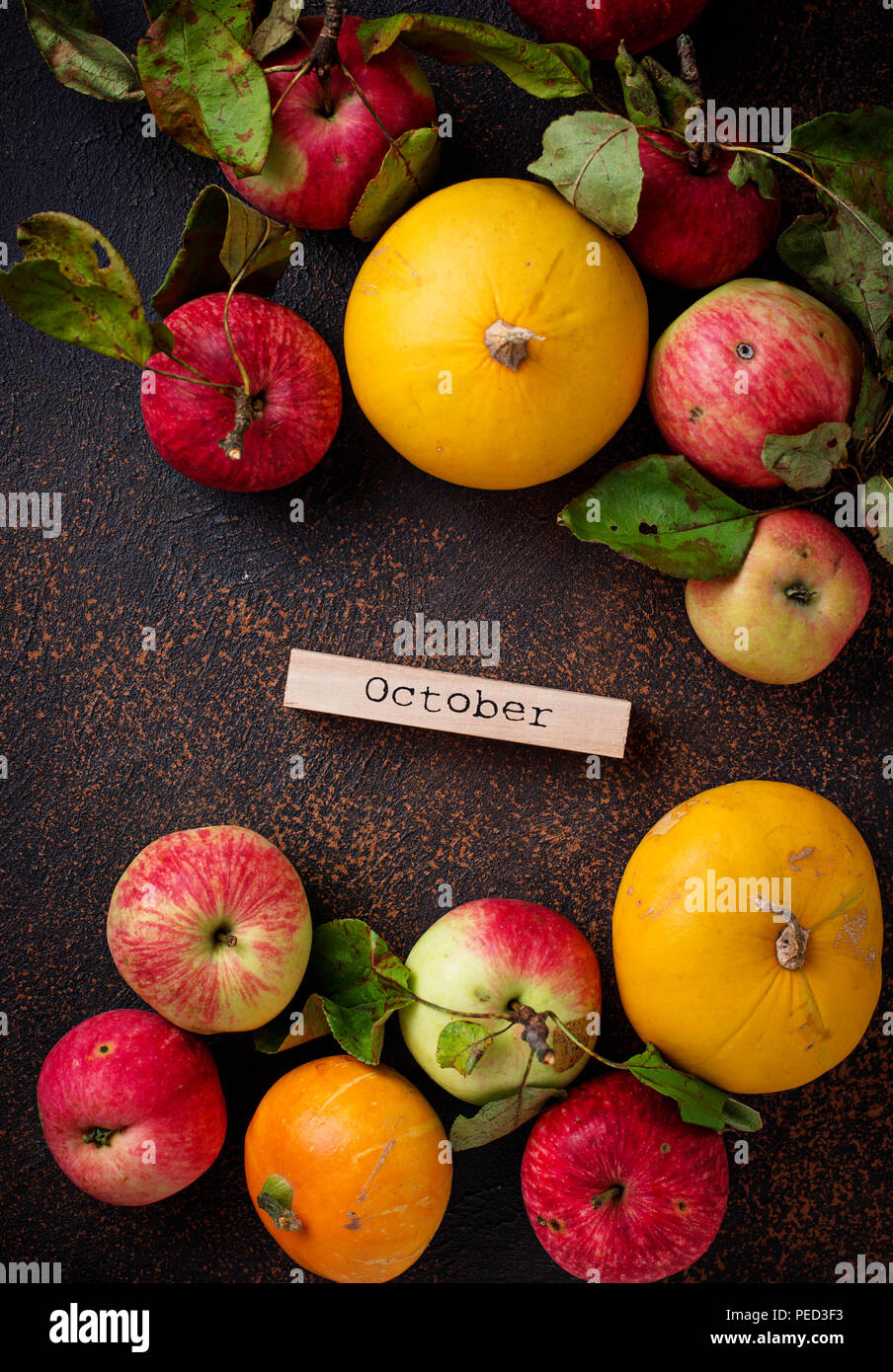 Autumn background with apple and pumpkin Stock Photo - Alamy