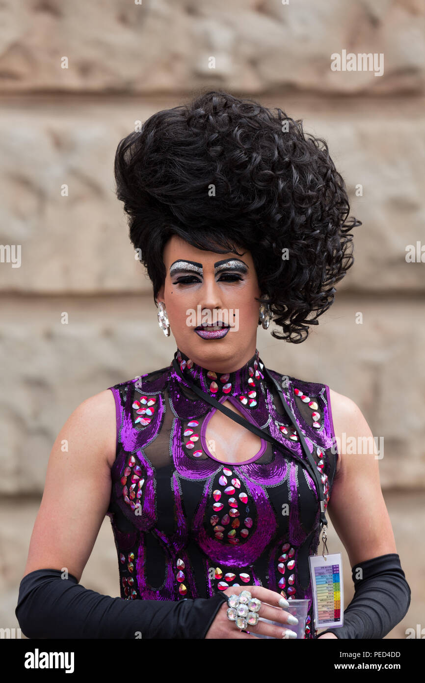 Drag artist entertaining the crowds on stage at the 2018 Chester Pride ...